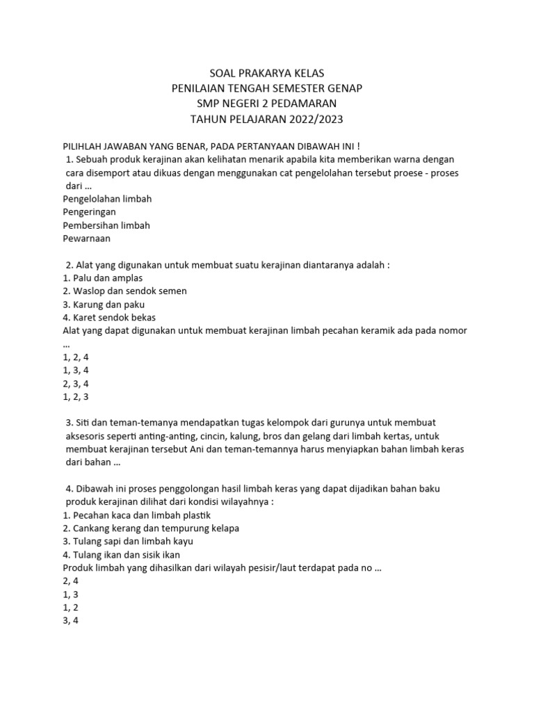 Soal Prakarya Kelas Viii | PDF