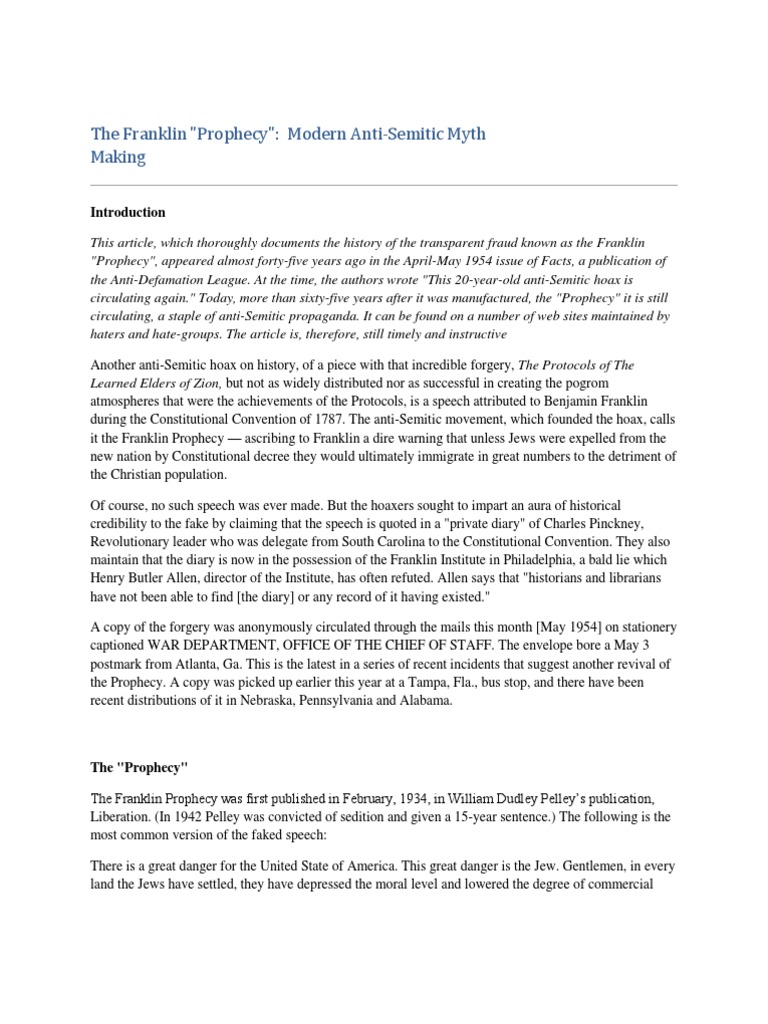 Franklin Prophecy: Debunking Anti-Semitic Hoax | PDF | Antisemitism ...