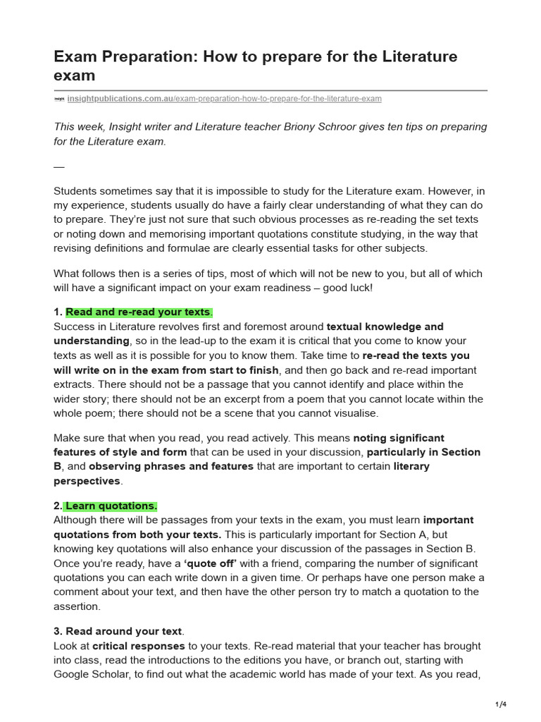 Exam Preparation How to prepare for the Literature exam | PDF