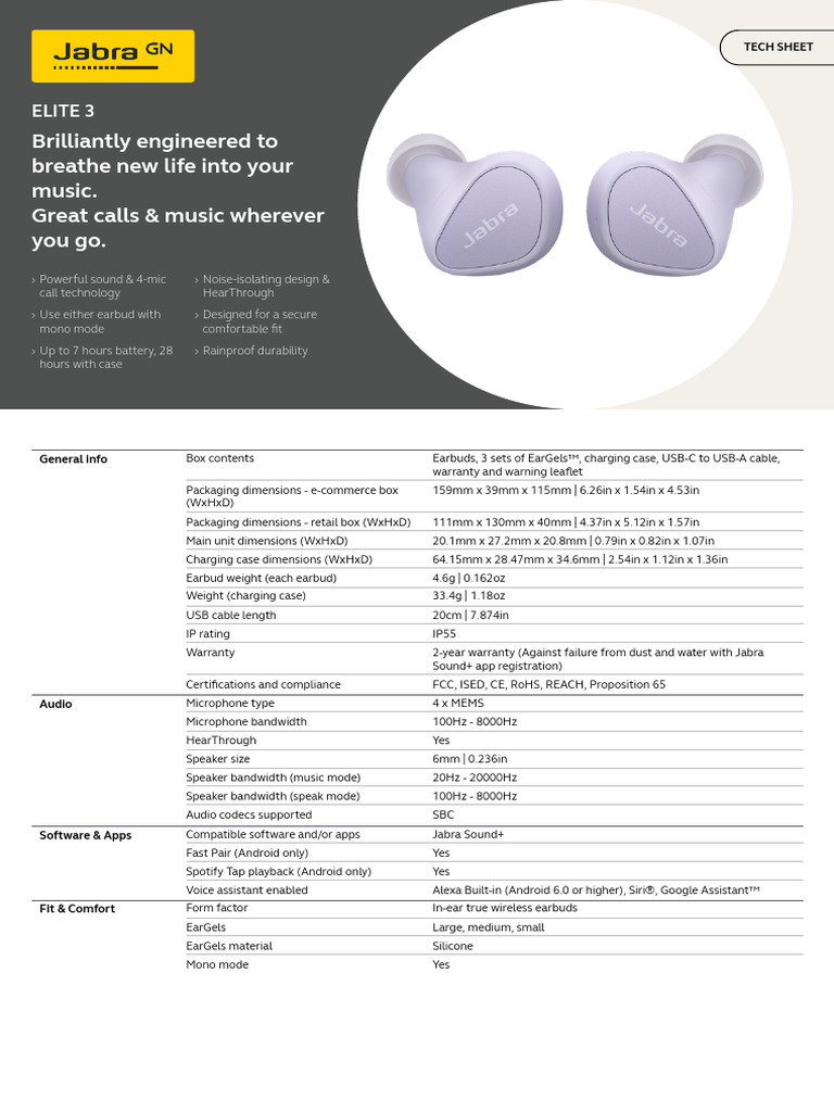 EN Jabra Elite 3 Tech Specs A4 Web 120123 | PDF