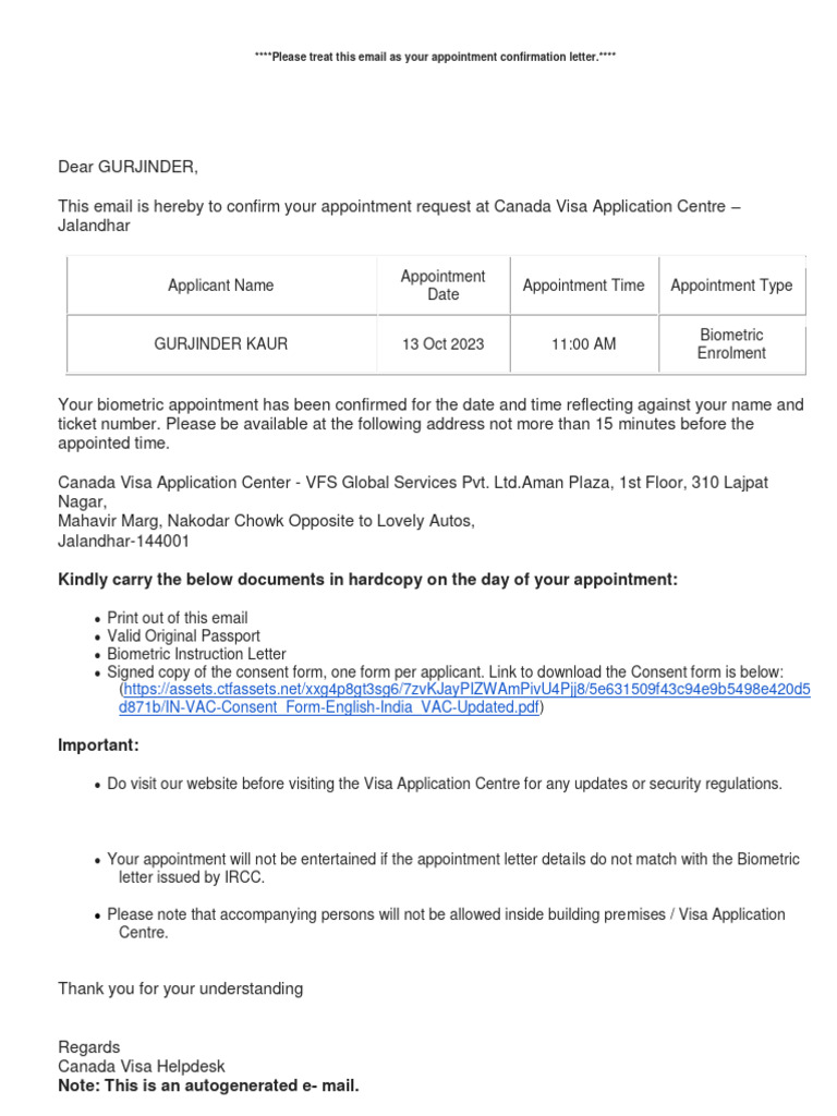 Biometric Appointment Letter | PDF