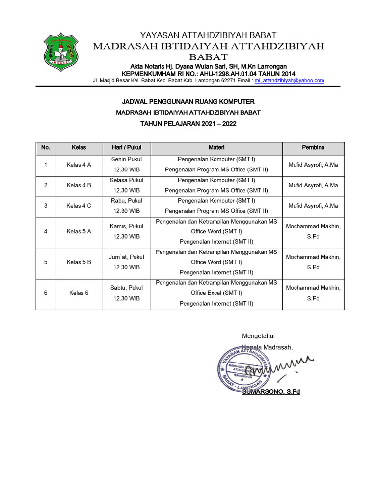 Jadwal Penggunaan Sarpras | PDF