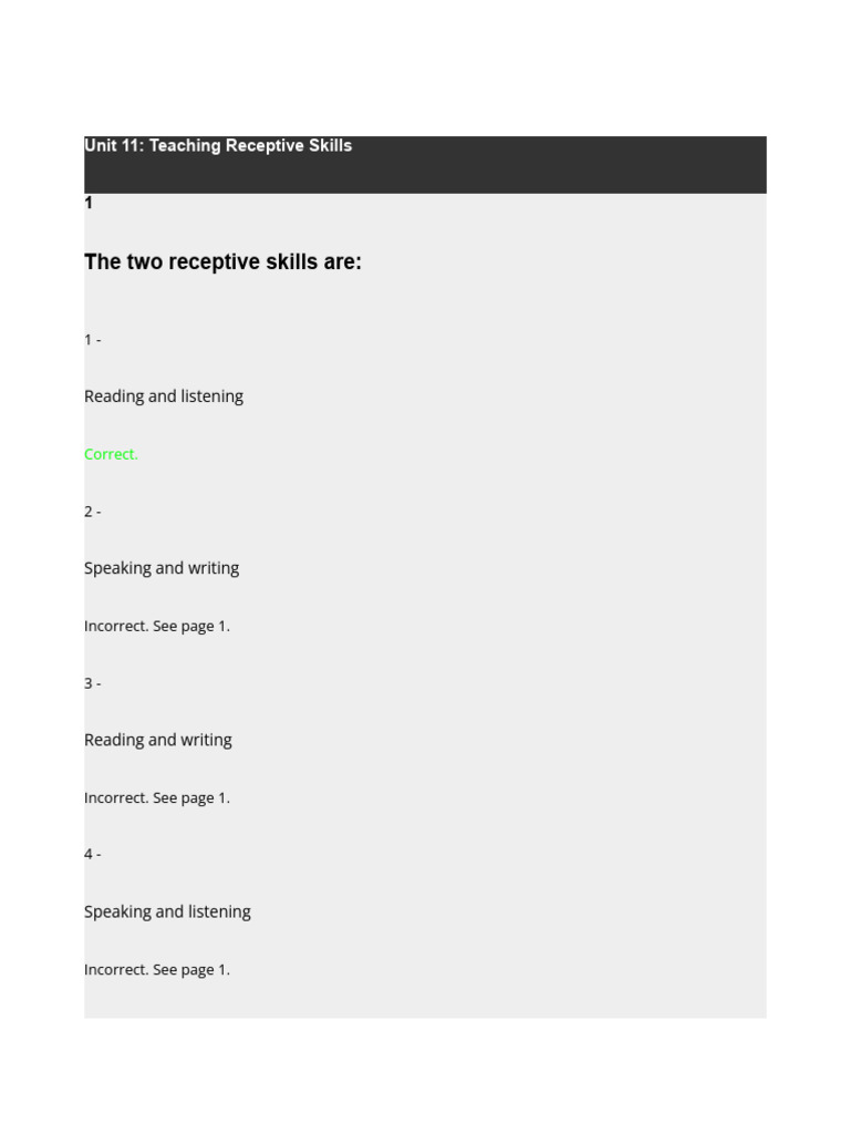 Unit 11 - Teaching Receptive Skills TESOL ANSWERS | PDF