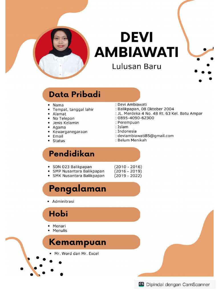 CV Dan Lamaran Pekerjaan Devi | PDF