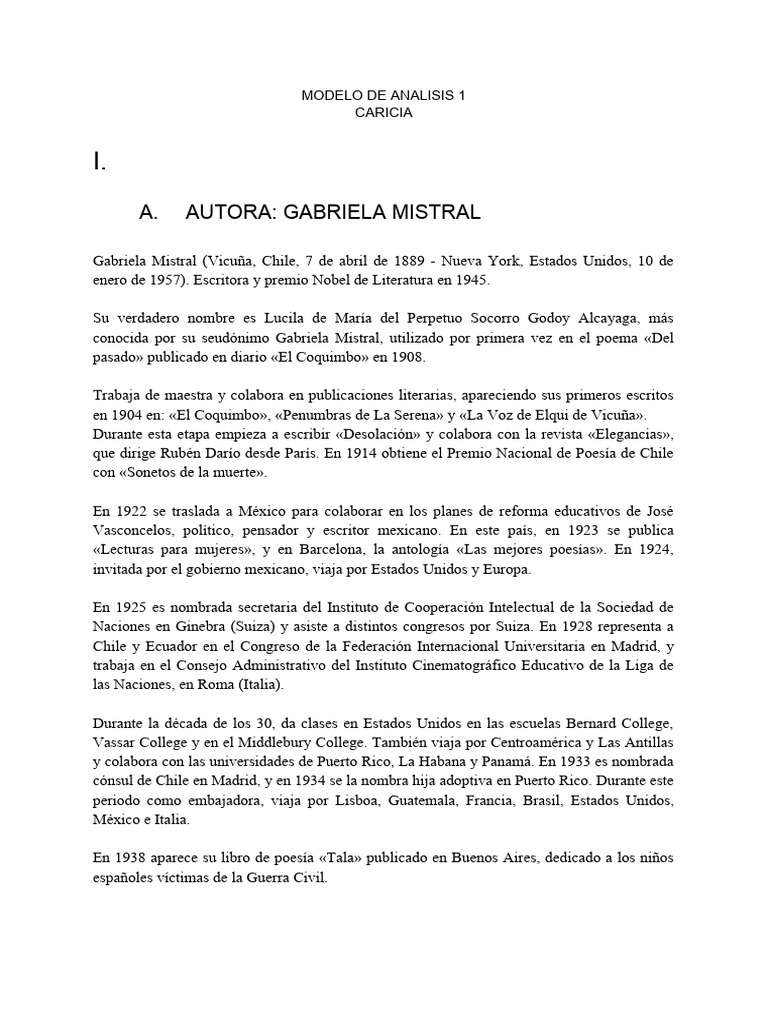 Análisis del poema "Caricia" de Mistral | PDF | Poesía | Clásicos