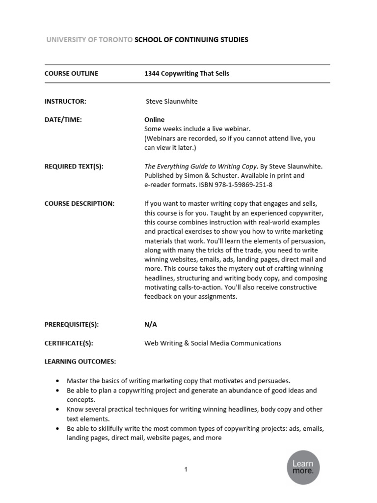1344 - Copywriting That Sells - Sample Course Outline | PDF ...