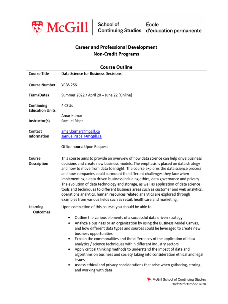 Data Science For Business Decisions Course Outline - McGill | PDF ...