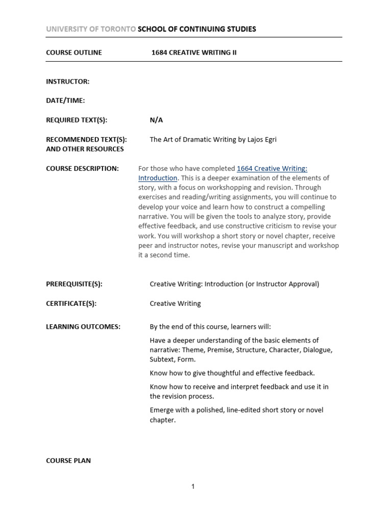 Creative Writing II Sample Course Outline - University of Toronto | PDF | Learning | Human ...
