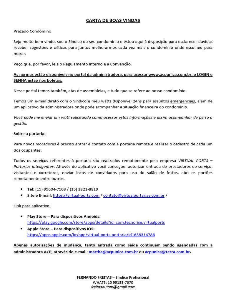 Carta de Boas Vindas - Atrium | PDF