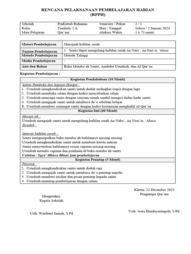 RPPH Kelas Tamhidy 2A Qur'ani | PDF