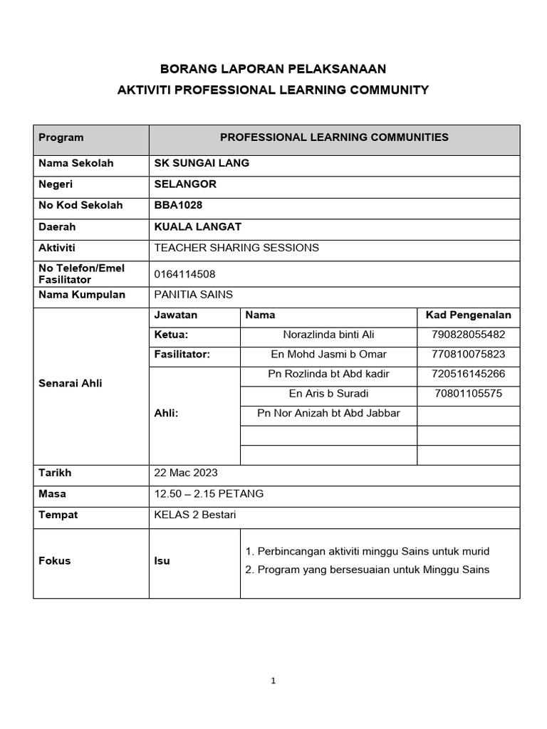 LAPORAN PLC PANITIA SAINS 1 - 2023 | PDF