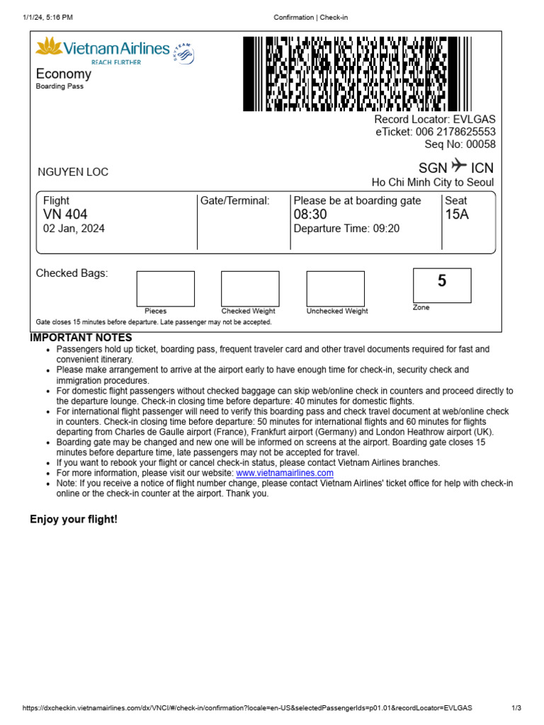 Confirmation - Check in | PDF