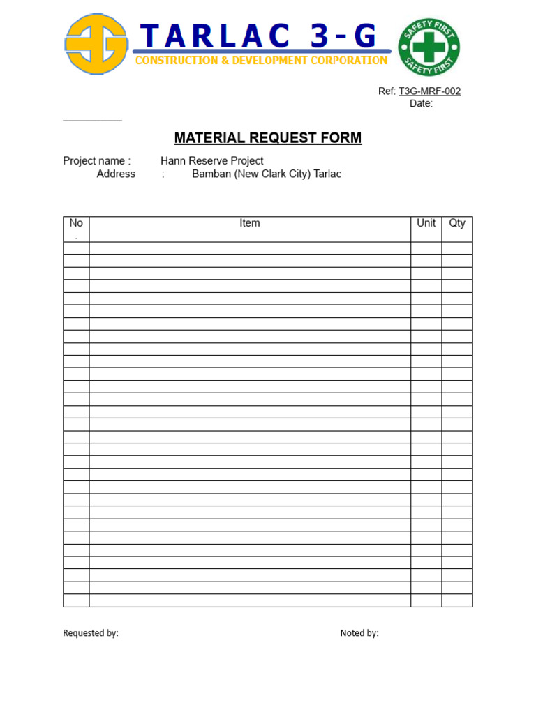 Material Request Form: Project Name: Hann Reserve Project Address ...