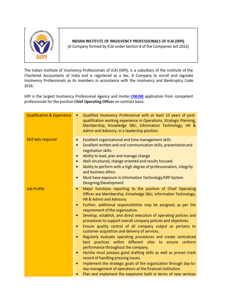 Job Description - COO-IIIPI | PDF | Business | Business Economics