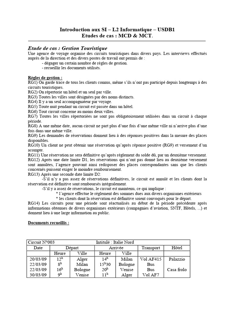 Devoir 2 2023-2024 Modélisation - Etude de Cas Gestion Touristique | PDF