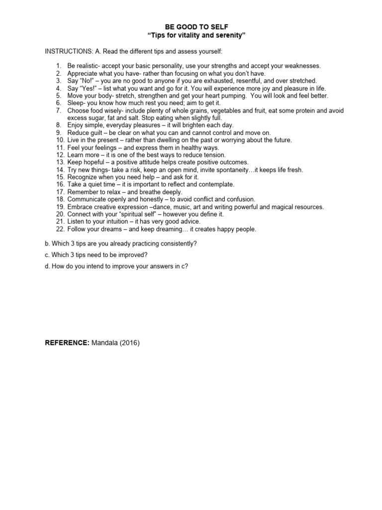 Be Good To Self Worksheet | PDF