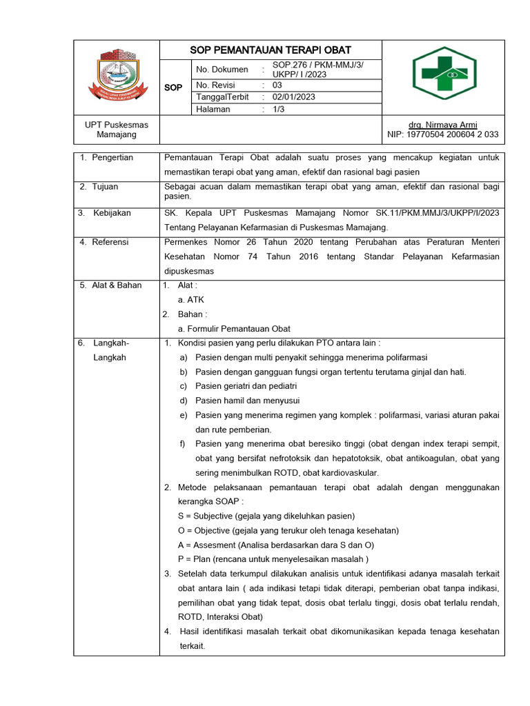 276 Sop Pemantauan Terapi Obat | PDF
