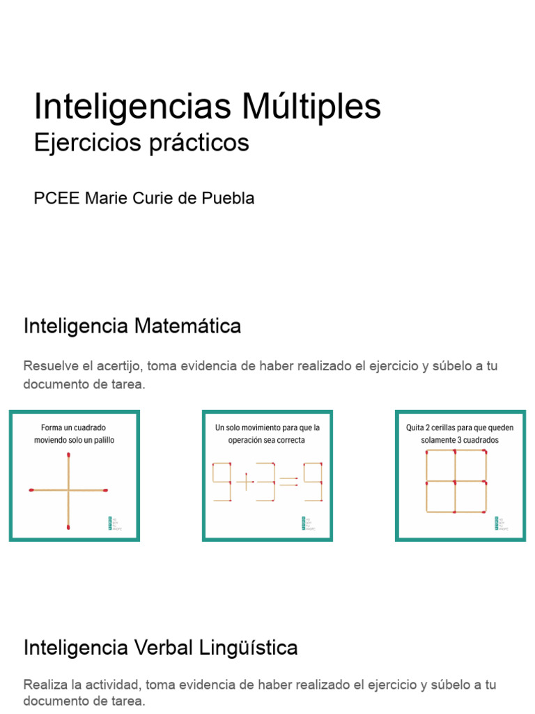 Inteligencias Múltiples Ejercicios Prácticos PCEE Marie Curie de Puebla | PDF