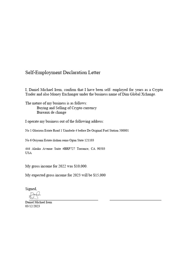 Self Employment Declaration (Signed) | PDF
