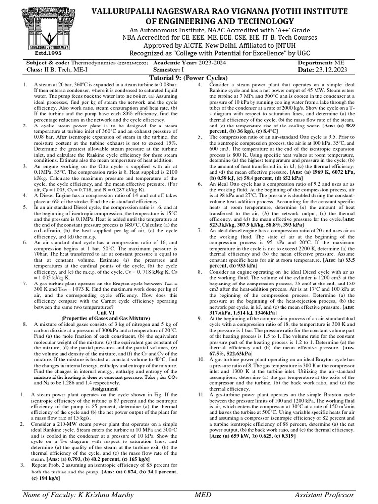 Tutorial 9 (Power Cycles) | PDF
