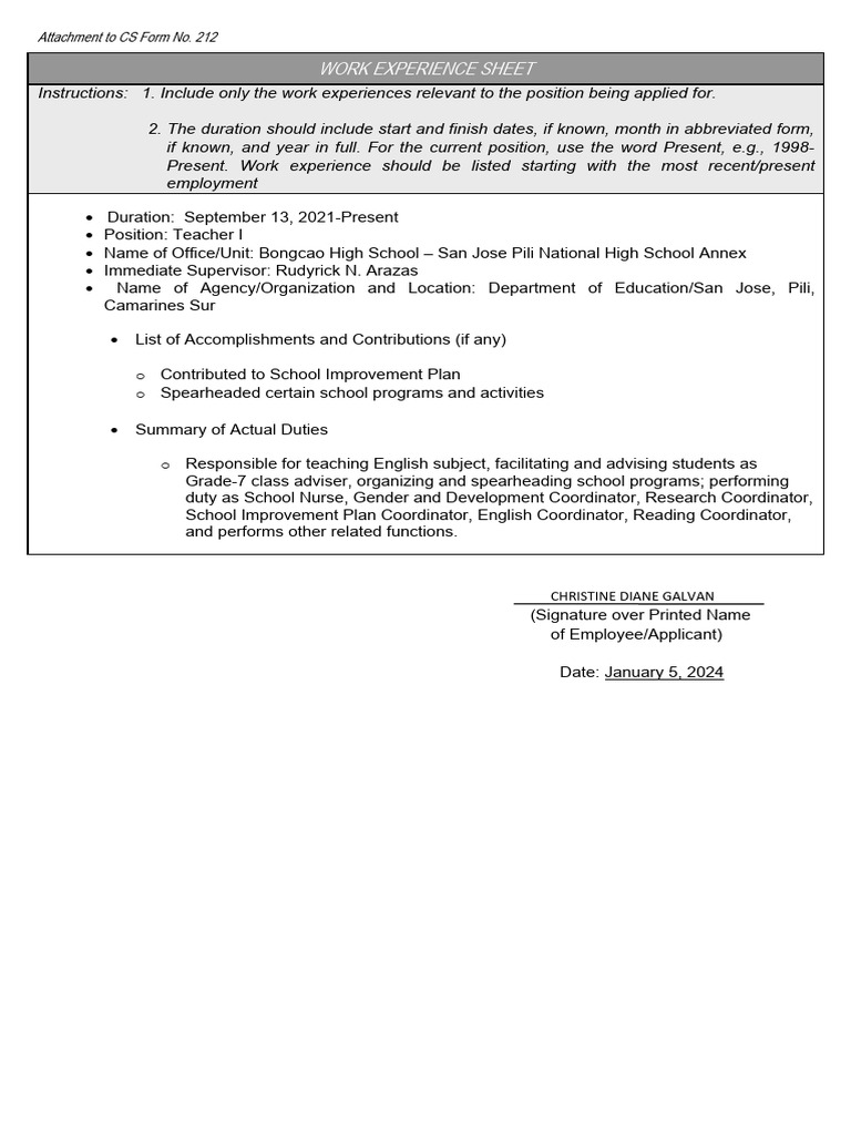 CS Form No. 212 Work Experience Sheet | PDF | Career & Growth