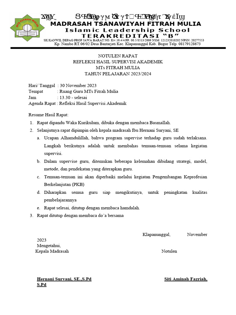 NOTULEN RAPAT, DH, Foto Refleksi Hasil Supervisi | PDF
