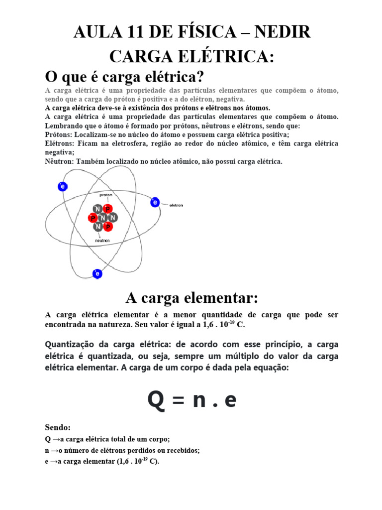 Aula 11 - Fã Sica - Carga Elã Trica | PDF