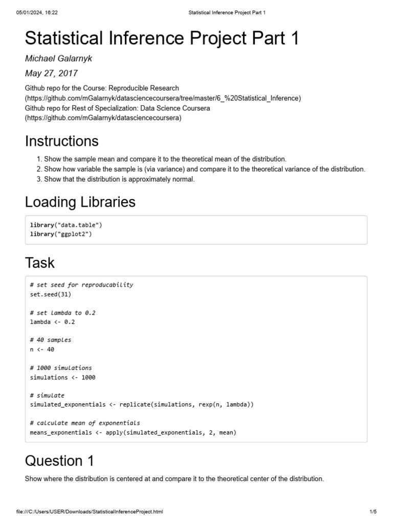 Statistical Inference Project Part 1 | PDF | Variance | Statistical Inference