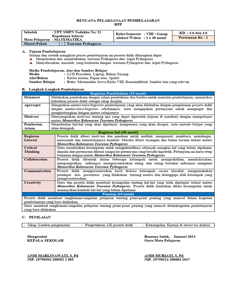 RPP 6 Teorema Pythagoras Semester 2 | PDF