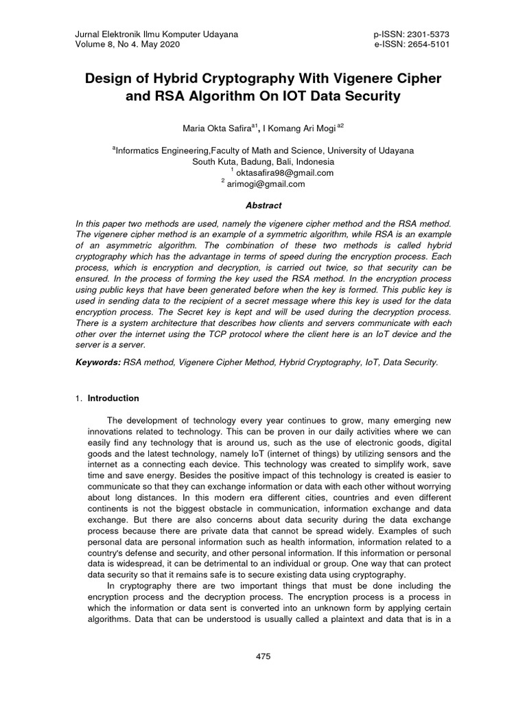 Design of Hybrid Cryptography With Vigenere Cipher and RSA Algorithm On IOT Data Security | PDF
