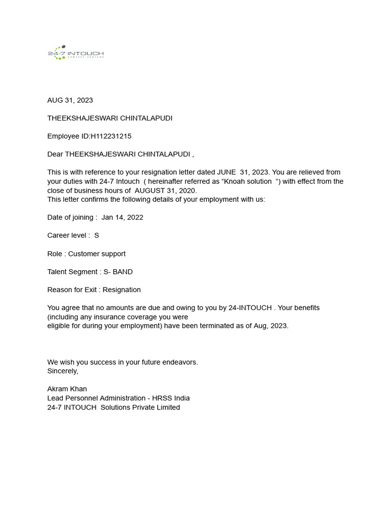 24-7 Intouch Relieving Letter | PDF