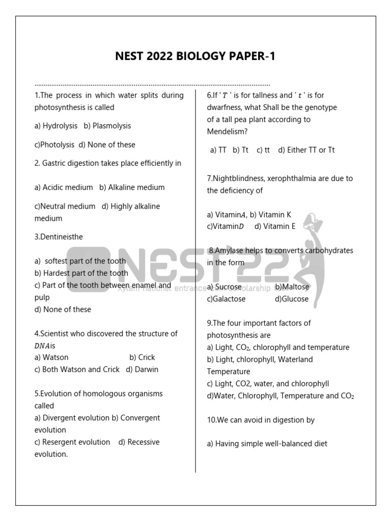 Nest 2022 Biology Paper-1 3 | PDF