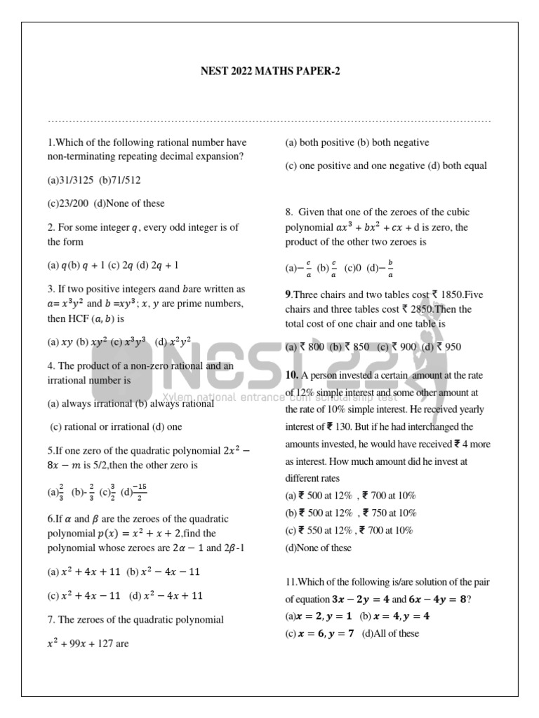 Nest 2022 Maths Paper-2 | PDF