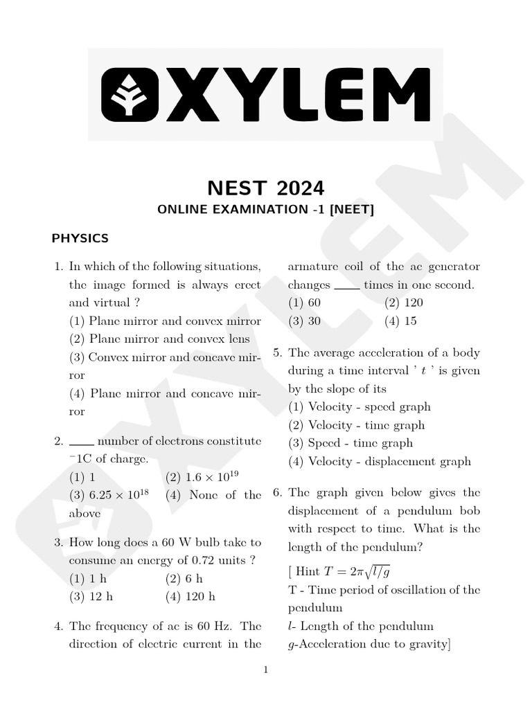 Nest-2024 Online-examination- 1 Neet Questions | PDF