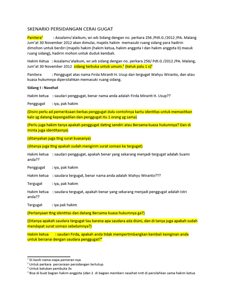 Skenario Persidangan Cerai Gugat 1-1 | PDF