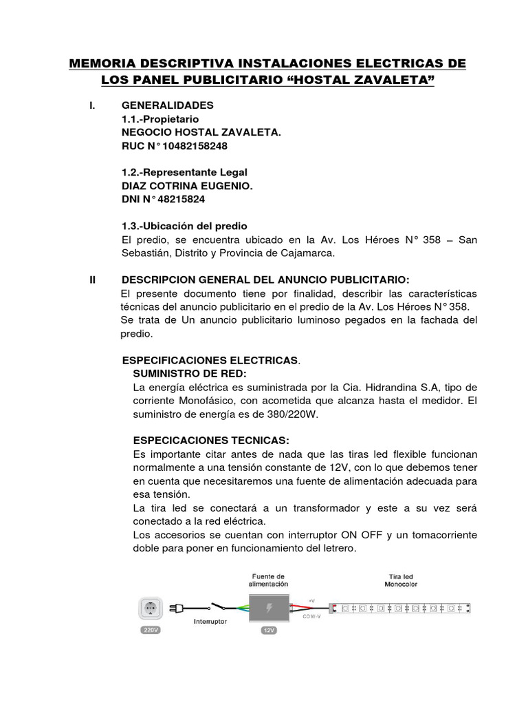 MEMORIA DESCRIPTIVA INSTALACIONES ELECTRICAS HOSTAL ZAVALETA 2023 - Mod Setiembre | PDF | Tecnología