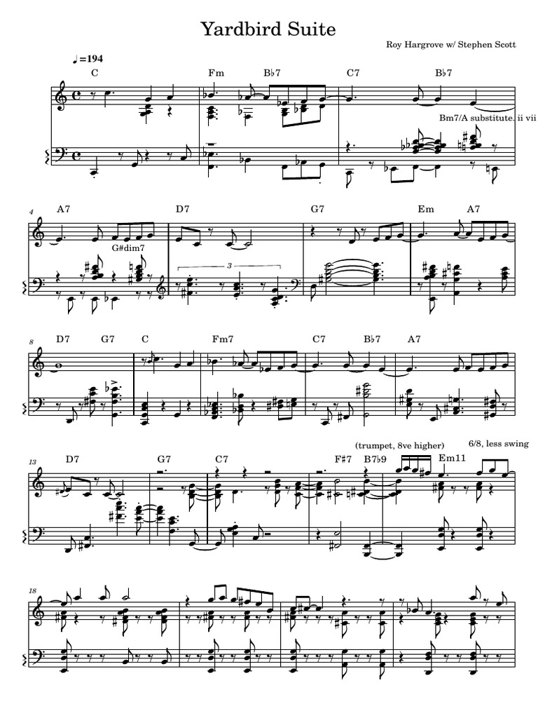 Roy Hargrove Trio Yardbird Suite P Stephen Scott Transcription | PDF
