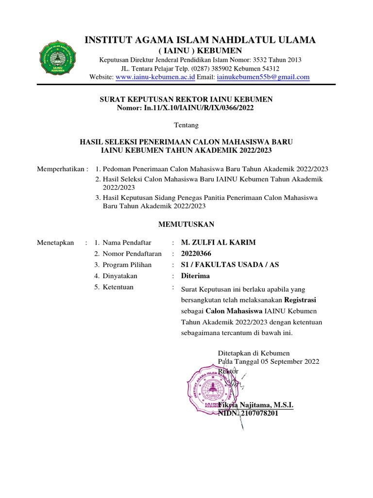 SK Kelulusan Ujian PMB | PDF