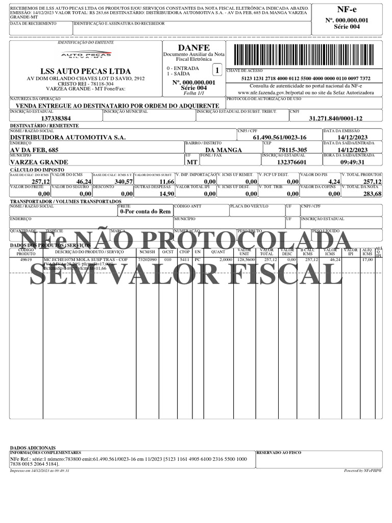 Nfe Não Protocolada: Sem Valor Fiscal | PDF