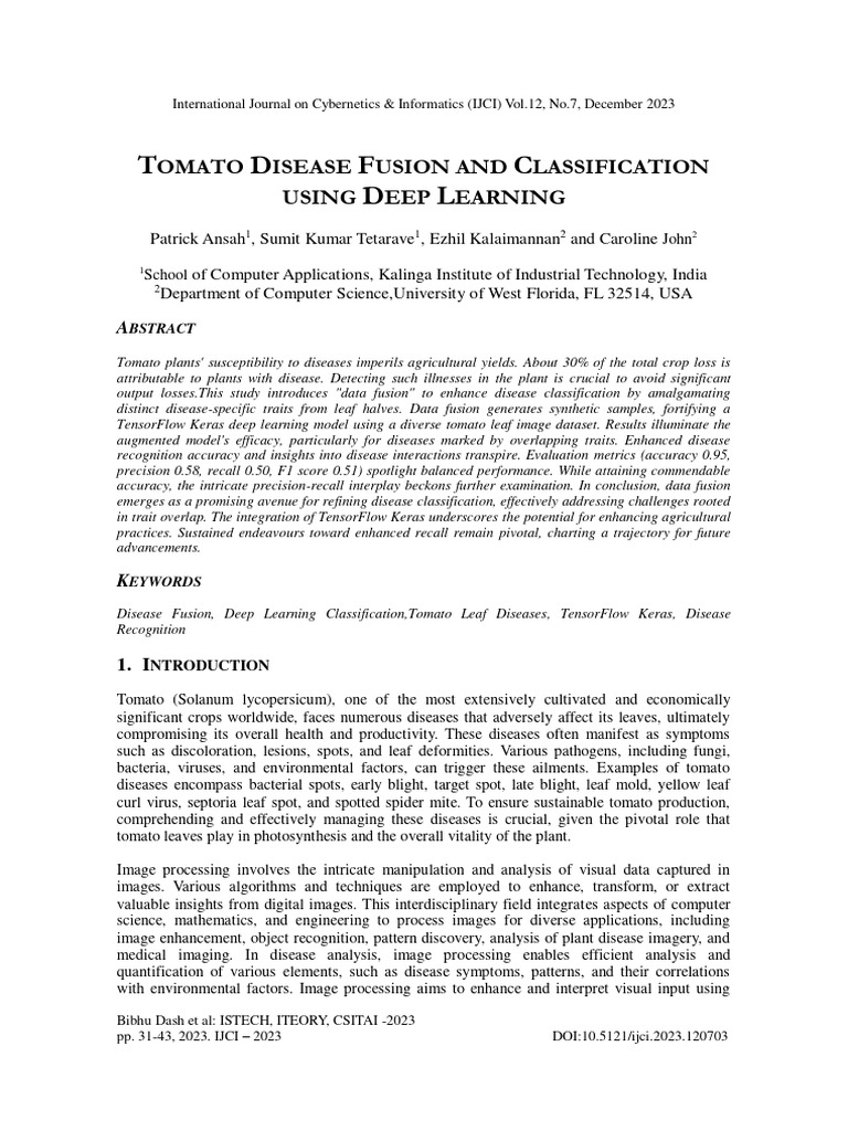 Tomato Disease Fusion And Classification Using Deep Learning Pdf