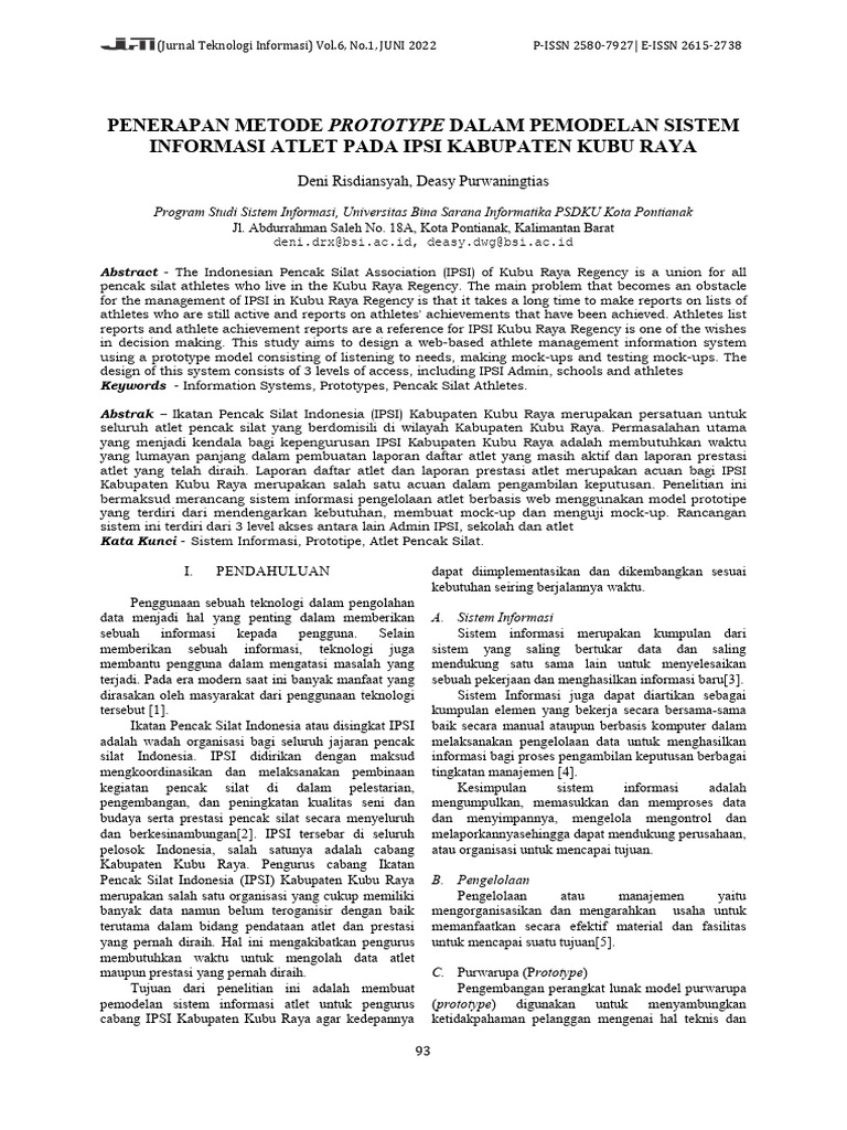 Penerapan Metode Prototype Dalam Pemodelan Sistem Informasi Atlet Pada IPSI Kabupaten Kubu Raya ...