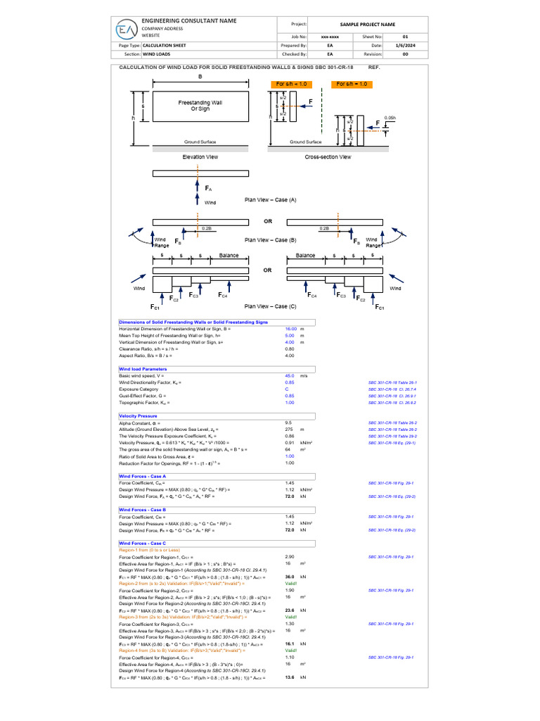 Ea Calculation Of Wind Load For Solid Freestanding Walls And Signs Sbc