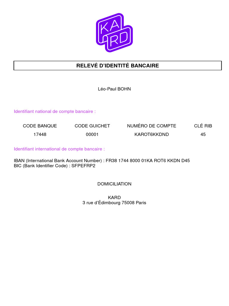 Relevé D'Identité Bancaire: Identifiant National de Compte Bancaire | PDF