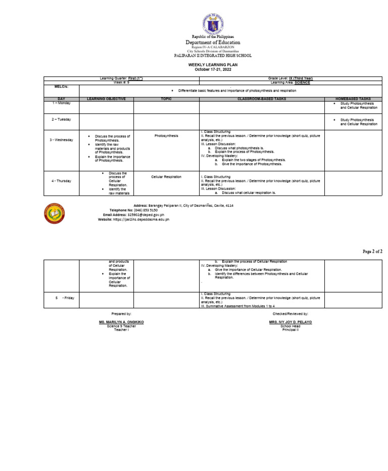 Department of Education: Weekly Learning Plan October 17-21, 2022 | Download Free PDF | Behavior ...