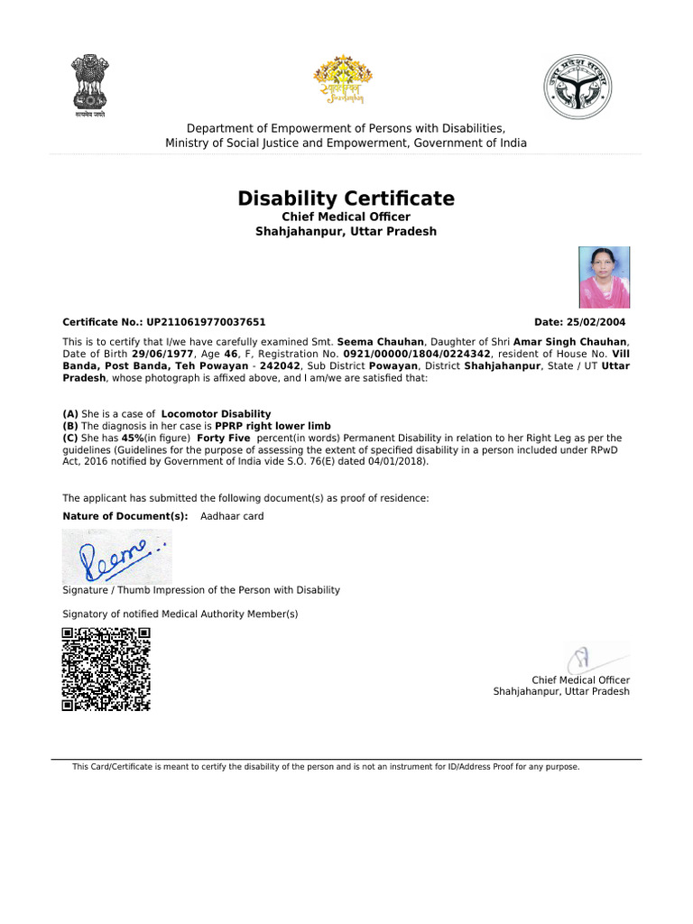 Locomotor Disability Certificate Details | PDF