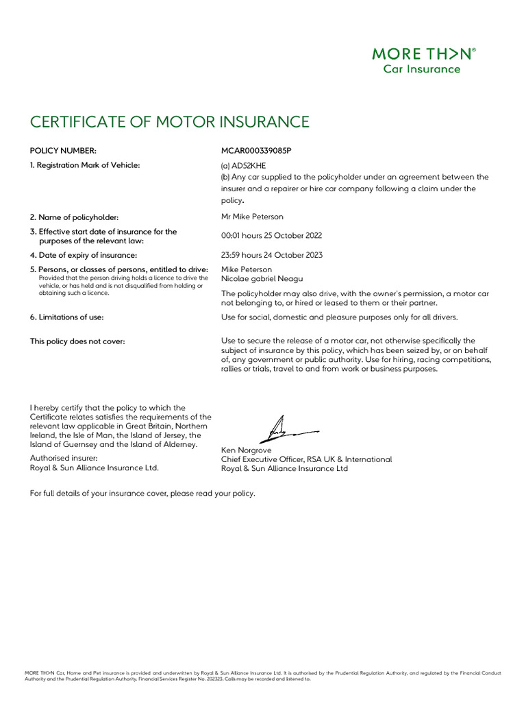 AD52KHE Your Certificate of Motor Insurance | PDF