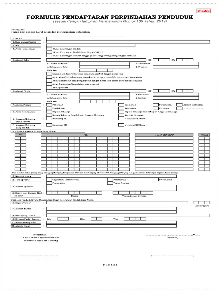 F-1.03 Formulir Pendaftaran Perpindahan Penduduk | PDF