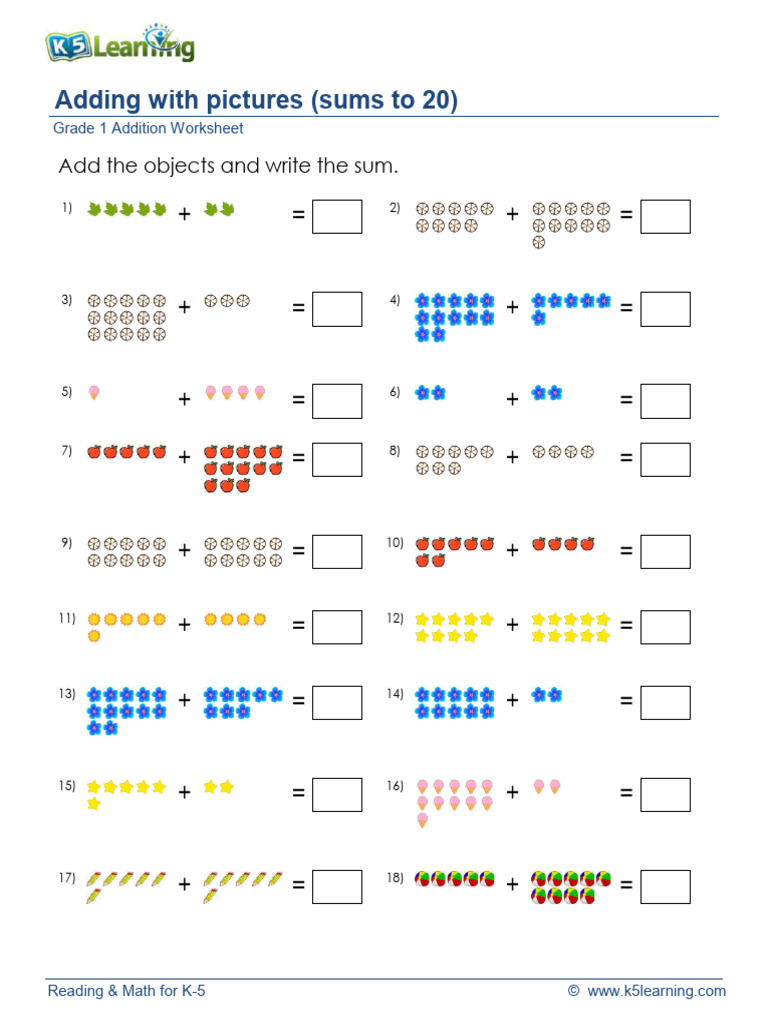 Grade 1 Addition Pictures Sums To 20 1 | PDF