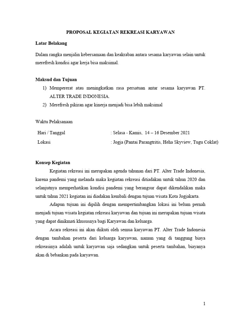 PROPOSAL KEGIATAN REKREASI 2021 Jogja | PDF