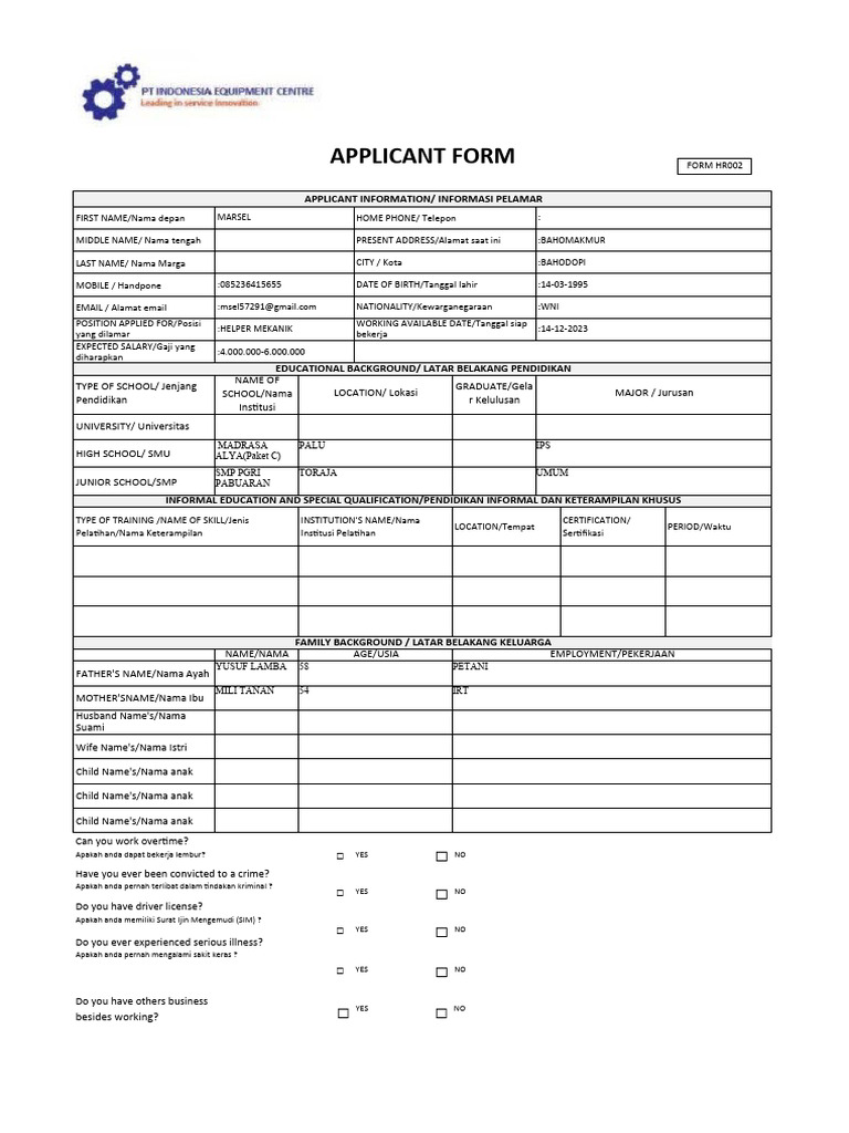 Applicant Form: Applicant Information/ Informasi Pelamar | PDF